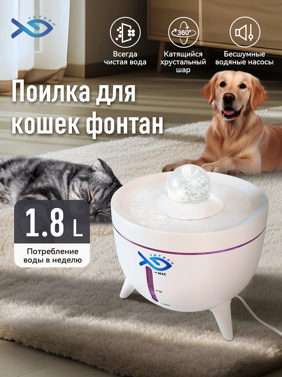 Автоматическая поилка для кошек 1800ml, фонтанчик для котов питьевой,1,8 литра кот фонтан , белая