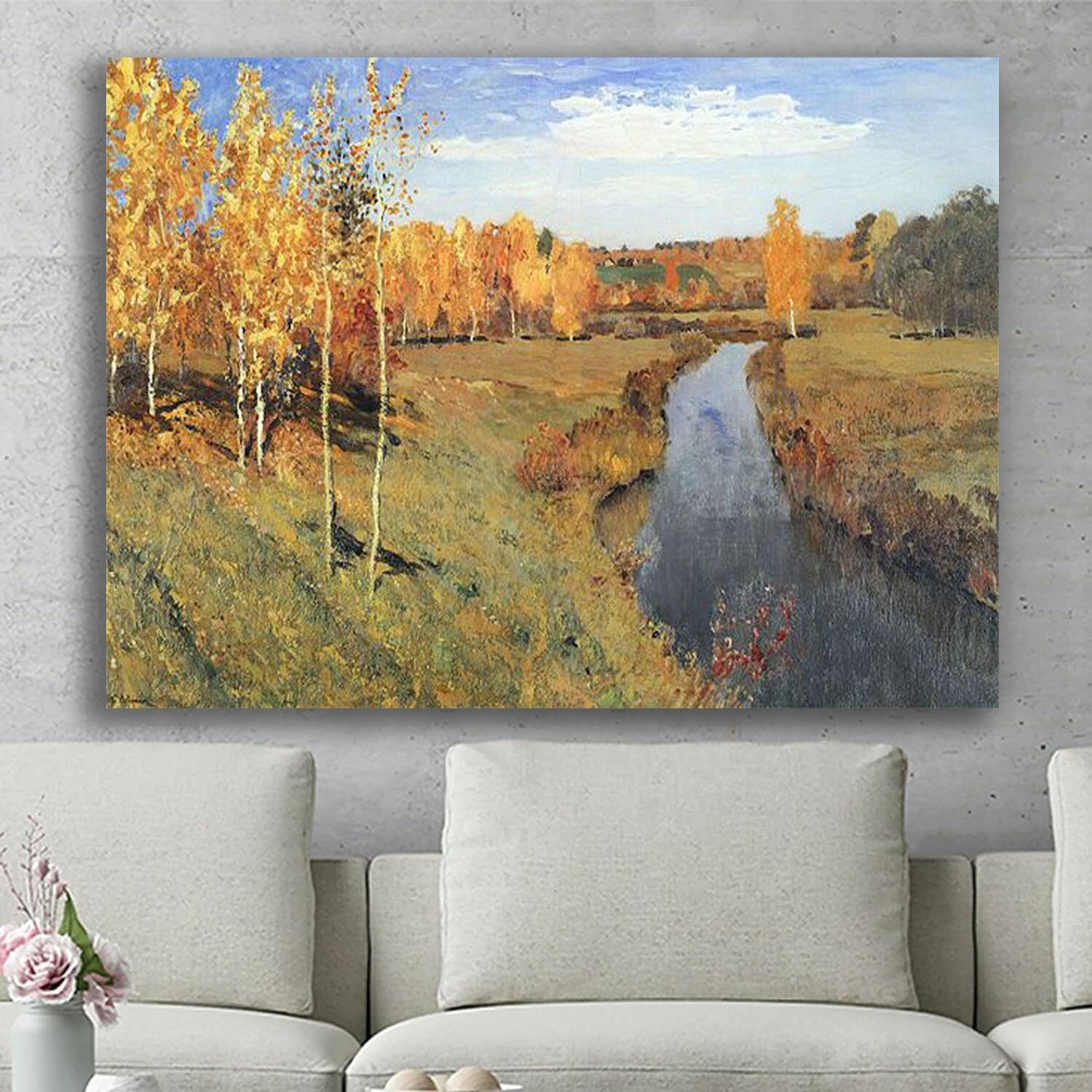 Картина на холсте «Золотые берёзы у реки» 80×110 см