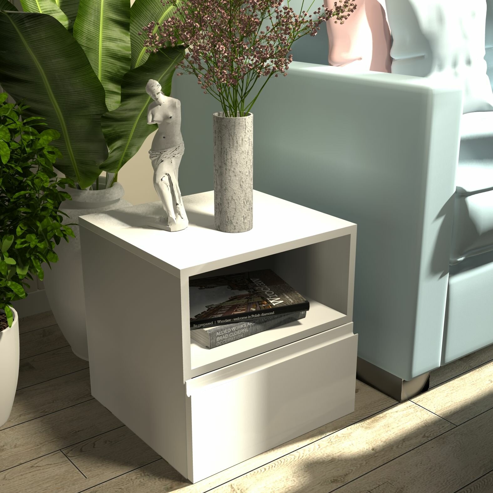 Тумба прикроватная Моё Кредо, белая, с интегрированной ручкой белая, 1 ящика, ЛДСП, шириной 40 см