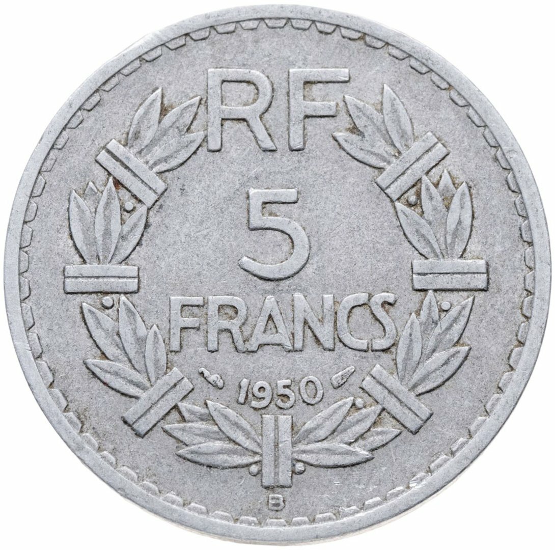 Франция 5 франков francs 1950 B знак монетного двора: "B" - Бомон-ле-Роже, Алюминий, в сохранности VF