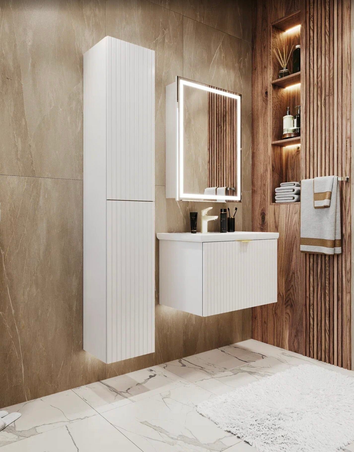 Шкаф пенал в ванную навесной белый с ящиками и полками большой