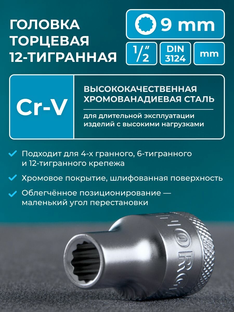 Головка на 9 NORGAU Industrial под квадрат 1/2 двенадцатигранная с шариковой фиксацией и шлифованной поверхностью, DIN 3124
