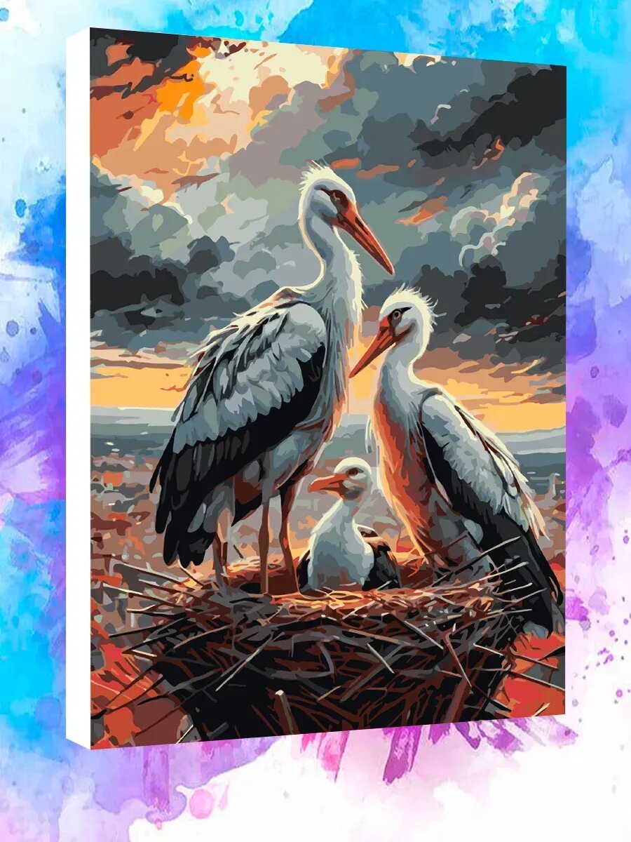 Картина по номерам Аист Семья Птицы