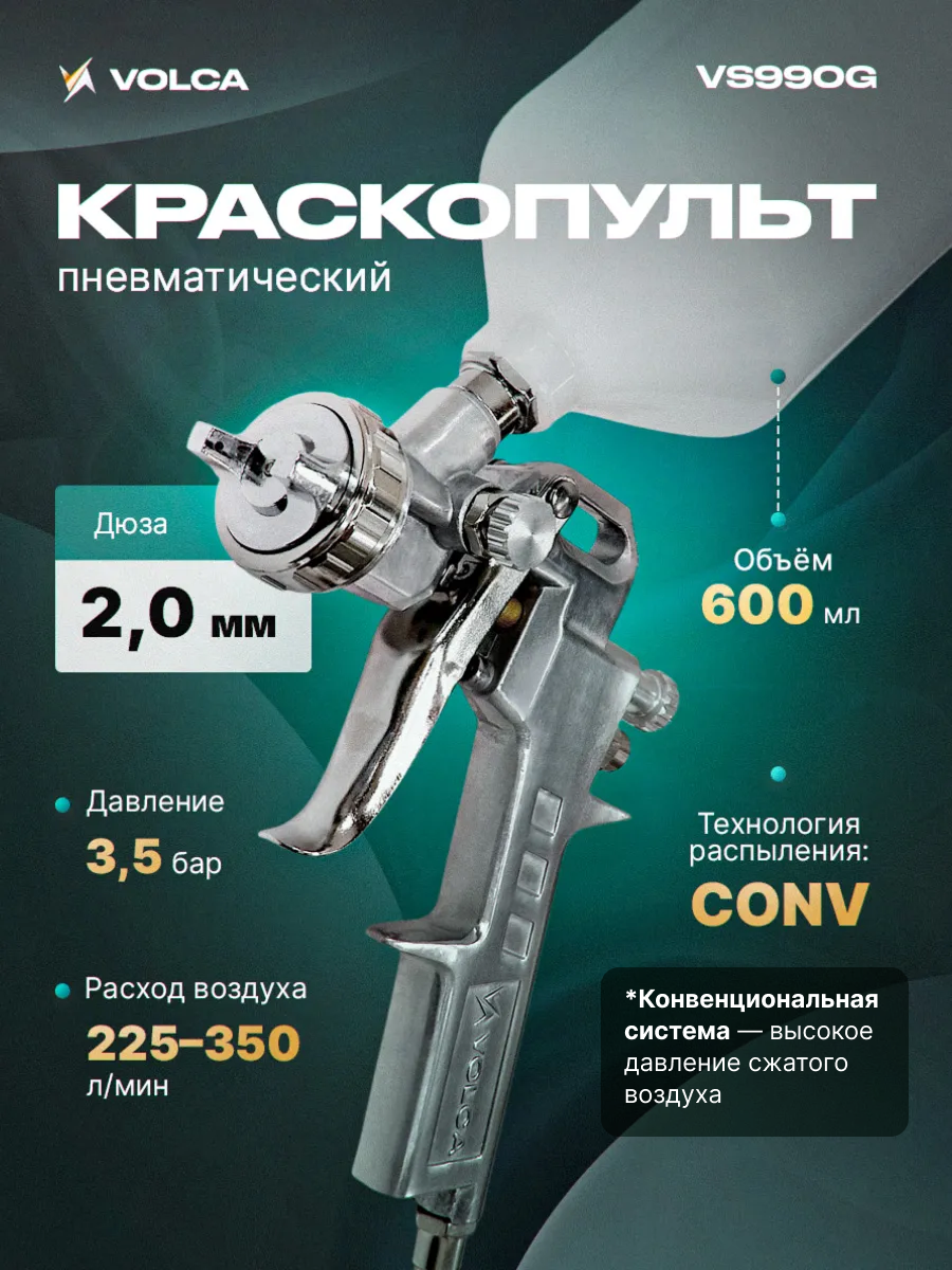Краскопульт пневматический VOLCA VS990G сопло 2.0 мм, 600 мл для авто, мебели и дерева, для компрессора/ верхний бачок