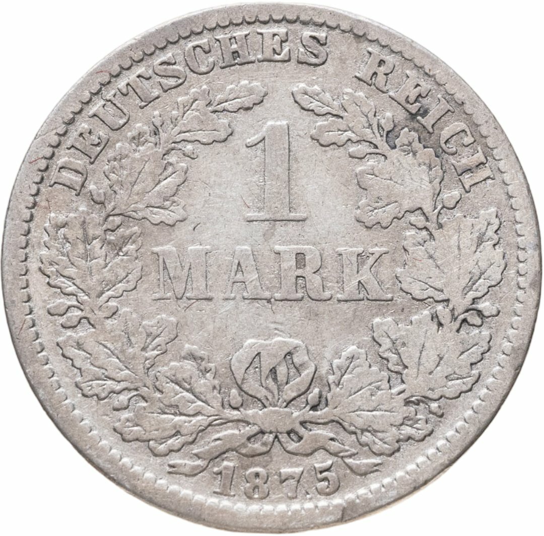 Германия 1 марка mark 1875 знак монетного двора: "F" - Штутгарт, Серебро 900, в сохранности VF