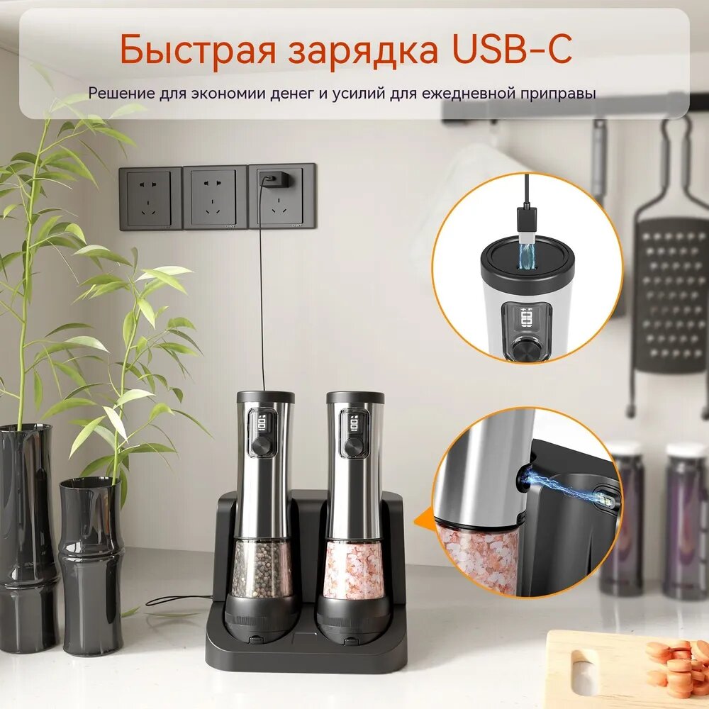 Электромельница для специй Mijia MiMo-27, серебристая, 2 шт. с подставкой, USB-C, 100 мл — фото 1