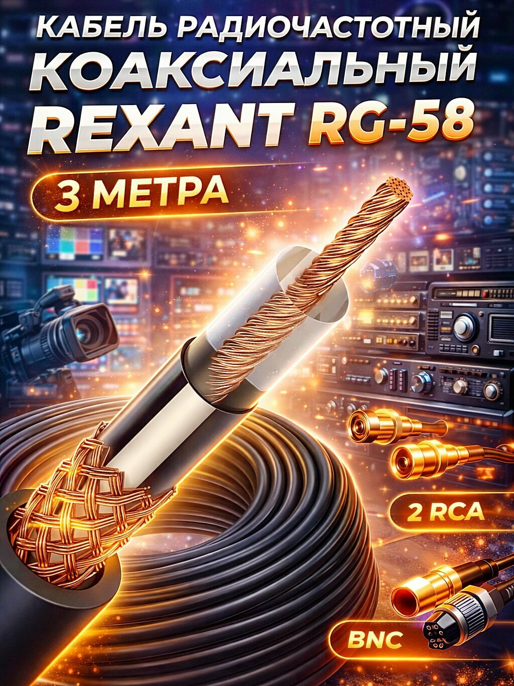Кабель радиочастотный коаксиальный REXANT RG-58 A U, 50 Ом, 3 метра