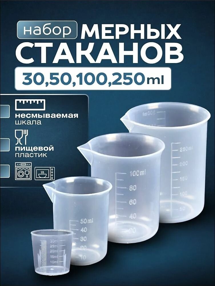 Мерный стакан с носиком 250 мл, 100 мл, 50 мл, 30 мл / Набор мерных емкостей, 4 шт.