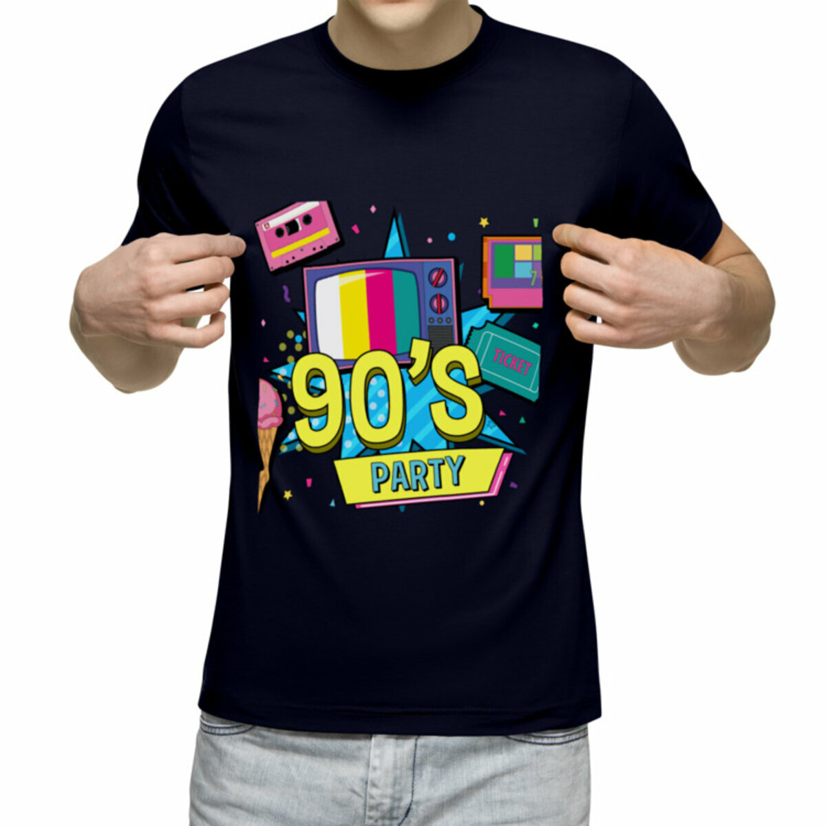 Мужская футболка «Вечеринка 90-х яркий взрыв!» (темно-синий, 3XL)