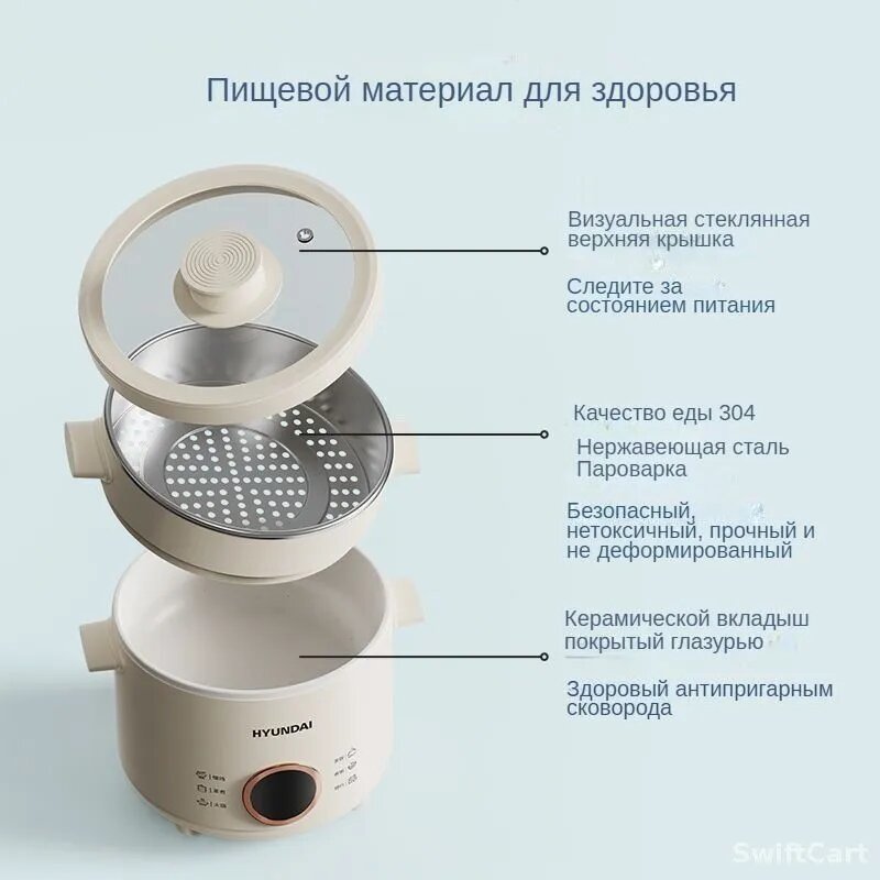 Мультиварка-скороварка HYUNDAI с керамической чашей 2л, сенсорное управление, белый цвет — фото 1