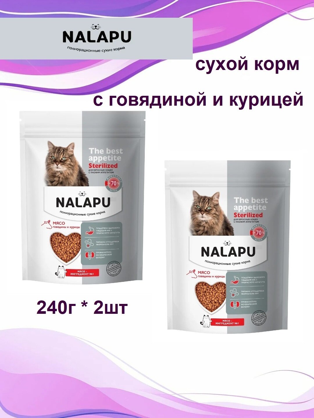 Корм сухой налапу The Best appetite Sterilized, с говядиной и курицей, для взрослых кошек, 240г (2штуки)