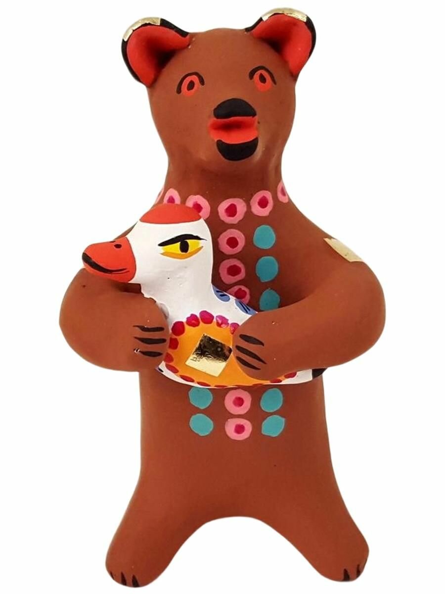 Медведь №3 с уточкой, Дымковская глиняная игрушка, ручная авторская работа