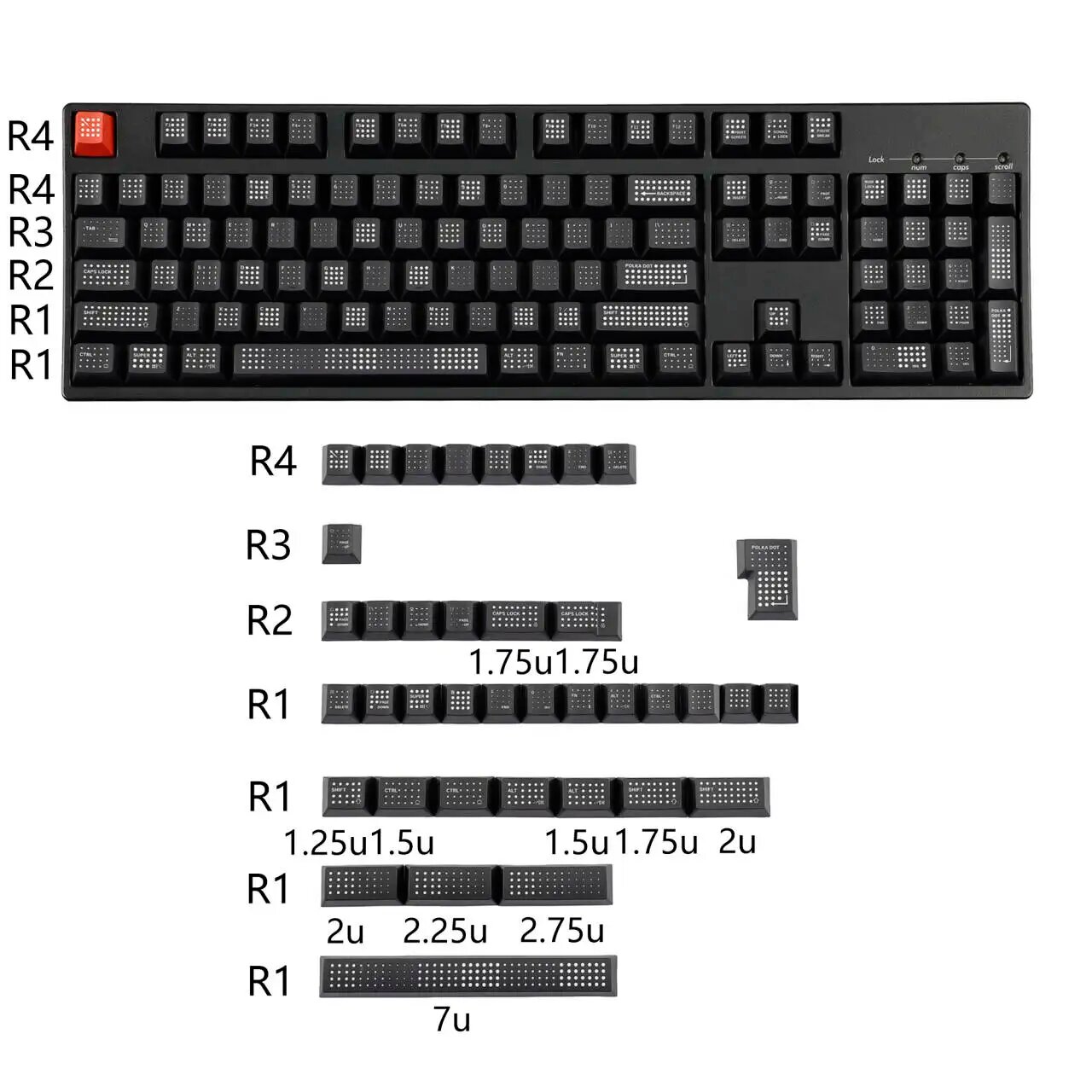 Клавиши YMDK 142 Keys Polka Dot Black Frosted Cherry Profile PBT с верхней печатью для механических клавиатур 61/68/84/87/98/104/108 MX