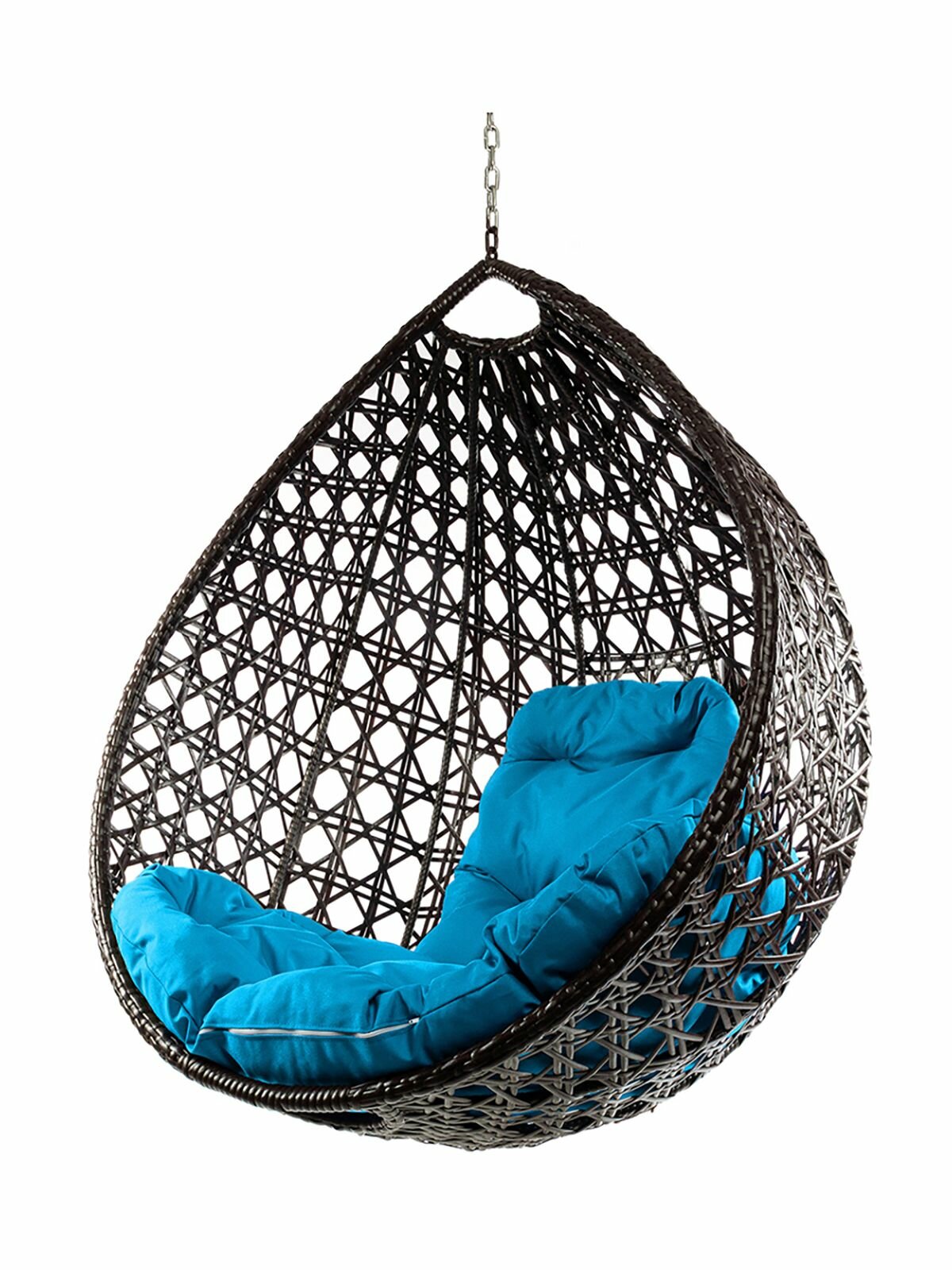 Подвесное кресло капля люкс (без стойки), с ротангом коричневое, голубая подушка