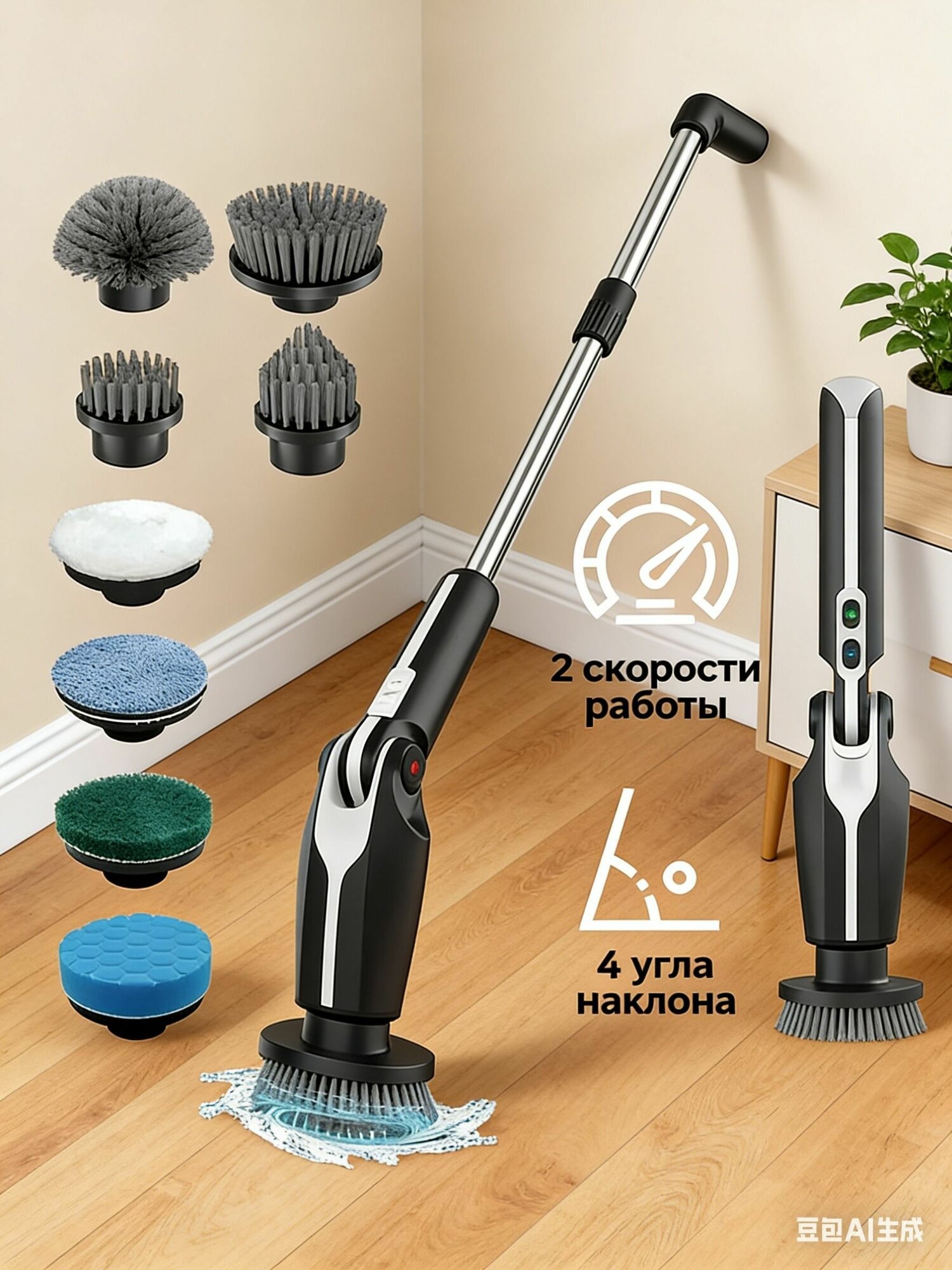 Электрическая щетка для уборки, скруббер для уборки, 4 угла наклона, 2 скорости, телескопическая ручка,10 сменных насадок, беспроводная, электрошвабра Sauberblitz U-16 универсальная