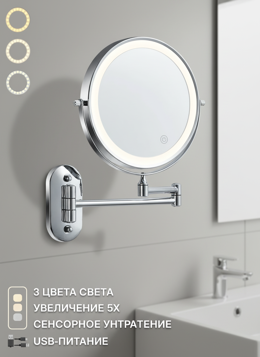 Зеркало настенное LED с подсветкой, 20x28 см, складное, для макияжа в ванной