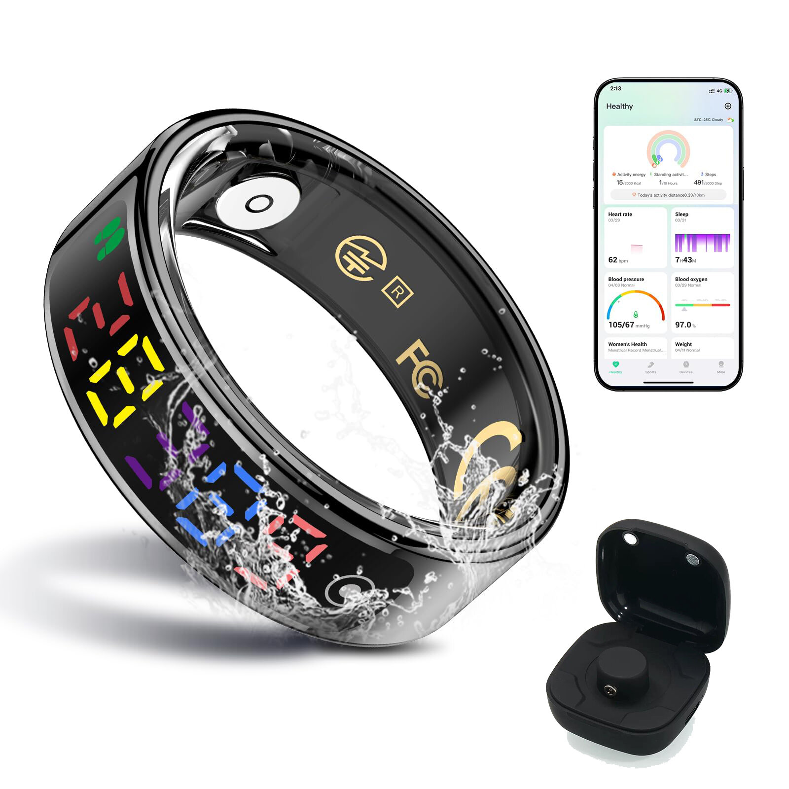 Умное кольцо, с цветным дисплеем, для iPhone и Android, до 5 АТМ