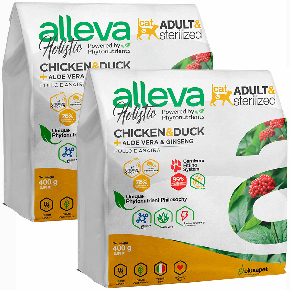Корм сухой Alleva Holistic Adult & Sterilized Cat Chicken & Duck беззерновой для взрослых кошек, курица, утка, алоэ вера и женьшень 0,4 кг 2 шт