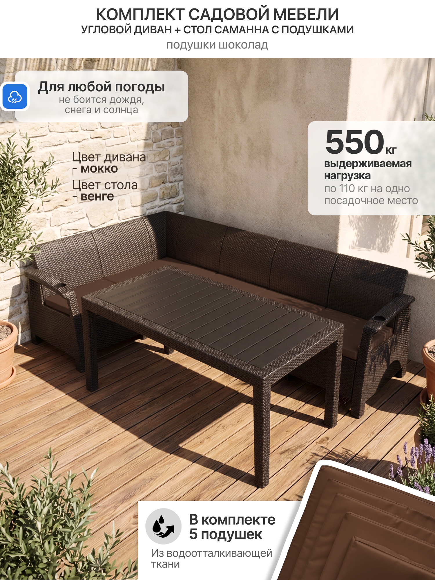 Комплект садовой мебели YALTA CORNER SAMANNA (Ялта Ротанг-плюс)+ 5 шоколадных подушек (искусственный ротанг, пластик)