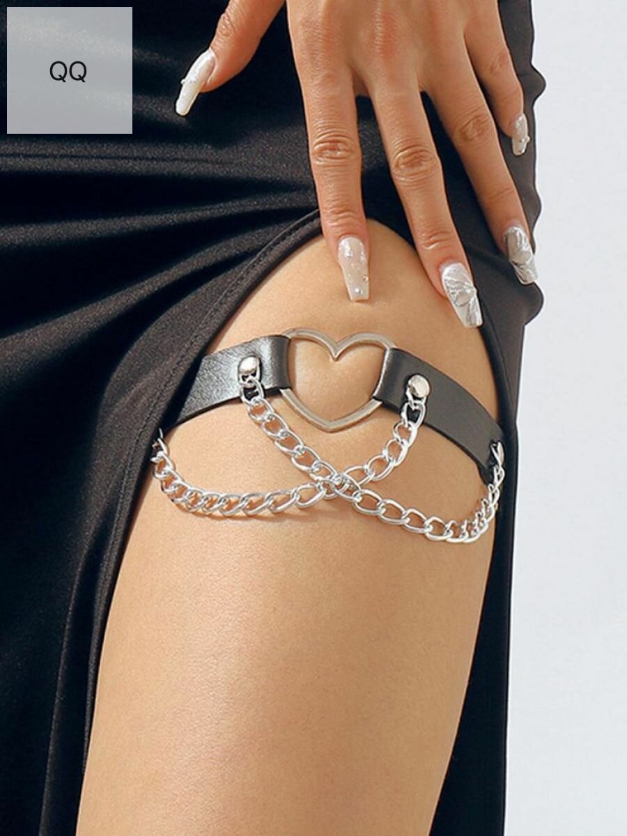 Гартер портупея кожаная женская на бедро с цепочками и сердечком, подвязка из экокожи на резинке