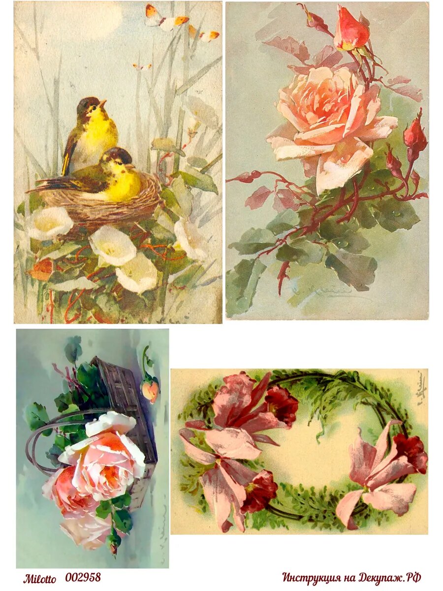 Декупажная карта рисовая бумага А4 цветы розы птицы