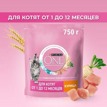 PURINA ONE 2 шт по 750 г сухой корм полнорационный для котят от 1 до 12 месяцев, с высоким содержанием курицы