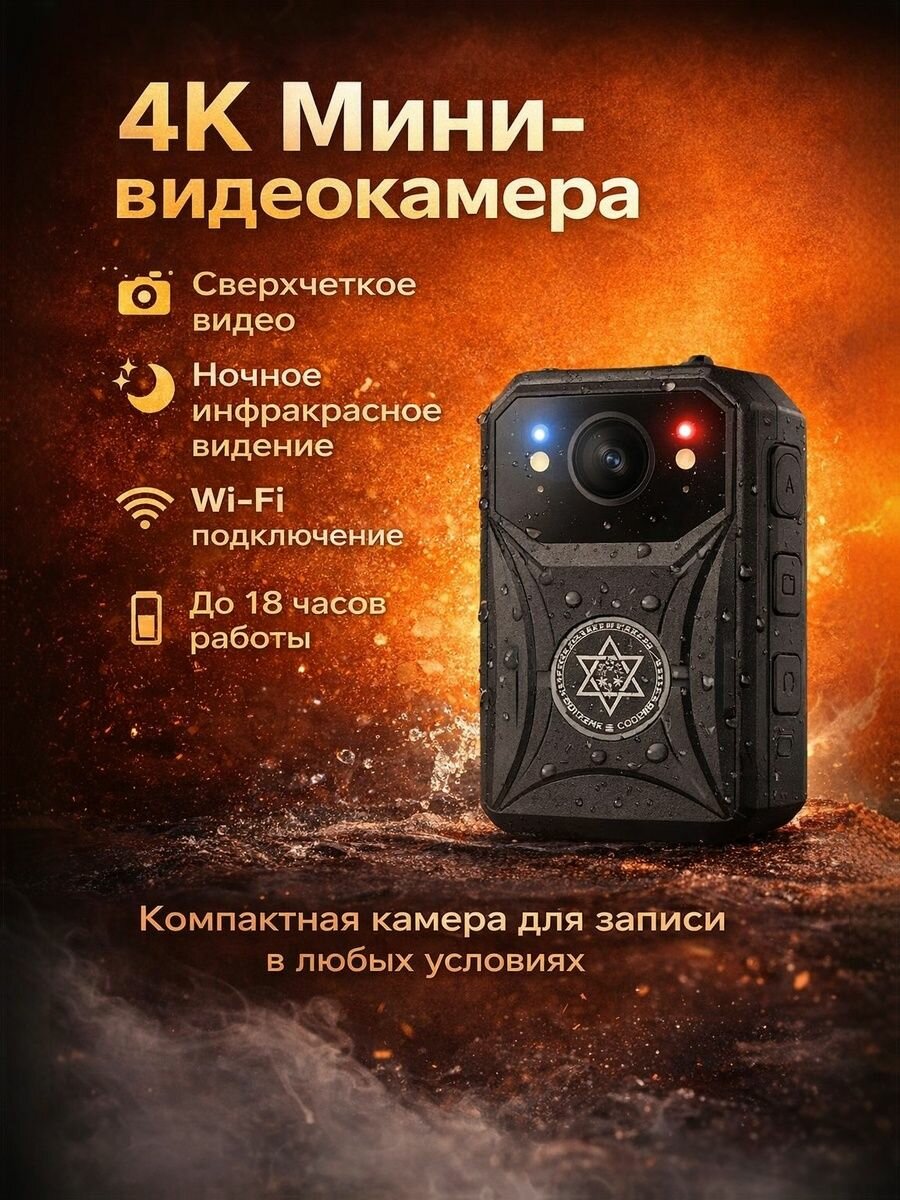 Мини видеокамера 4K с ночным видением и Wi-Fi, нагрудная камера 170, датчик движения, экран 2", запись до 18 часов