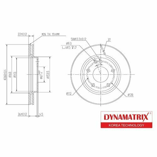 Диск тормозной Dynamatrix-Korea DBD1035 для Mercedes A-CLASS W168