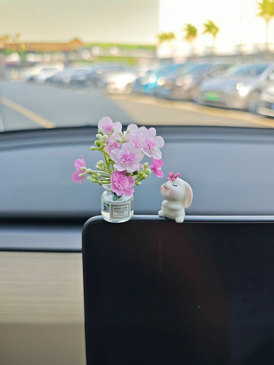 LAMIRO Декор для автомобиля с кроликом и цветами, украшения для зеркала и приборной панели, стильный аксессуар для женщин.