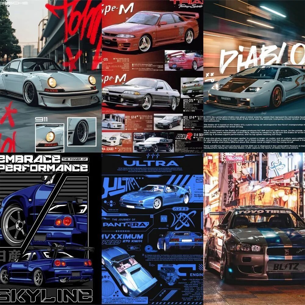 JDM Гоночный плакат 63 плаката для автолюбителей, декор для стен, плакат для дома, из бумаги