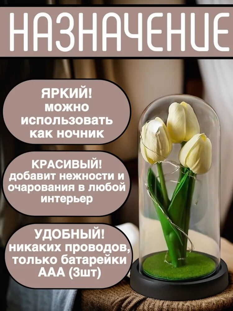 Сувенир "Тюльпаны в колбе с подсветкой" 3 белых цветка, стекло, пластик — фото 1