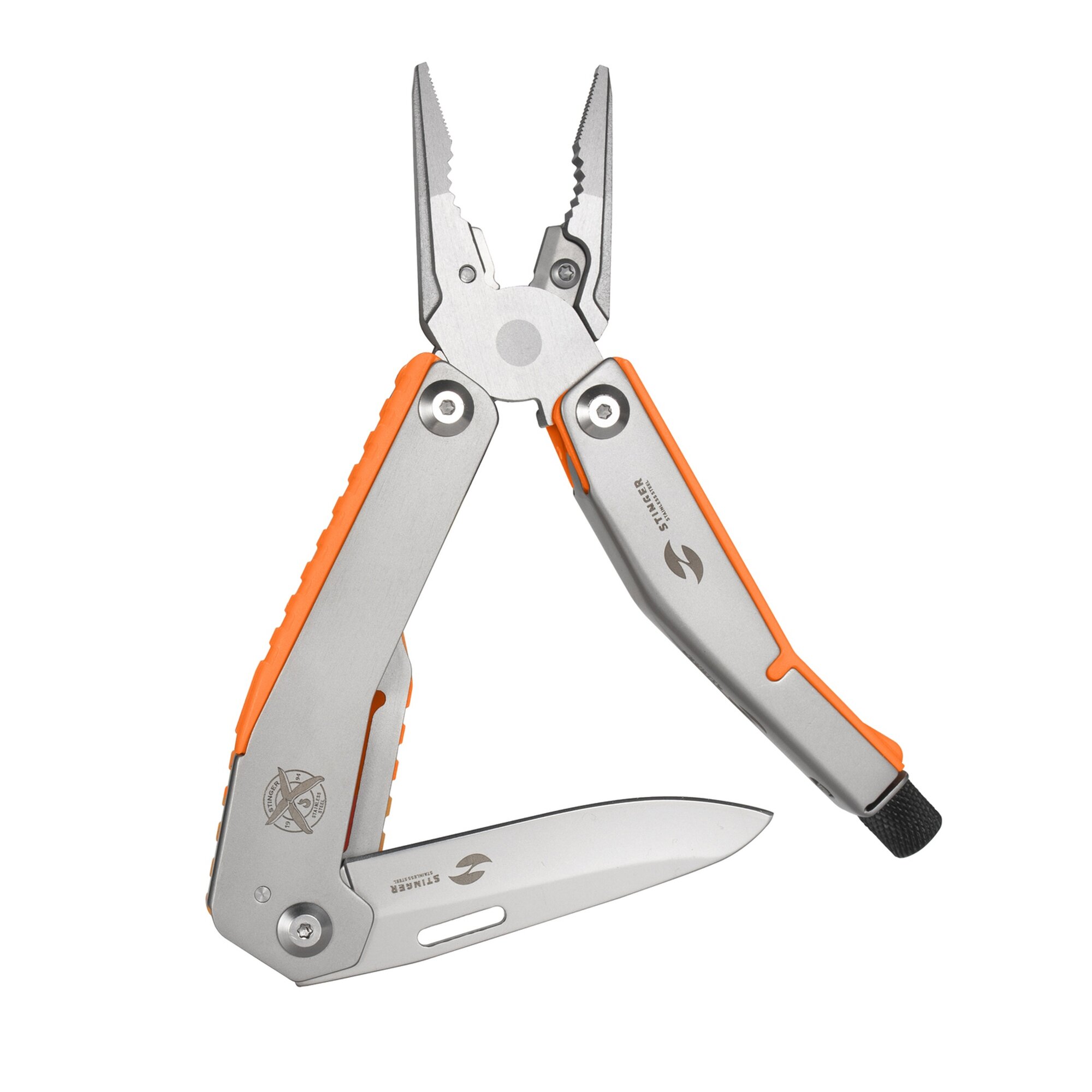 Мультитул Stinger, 105 мм, 8 функций, сталь/АБС-пластик, оранжевый, в комплекте нейлоновый чехол, MT-GHK10