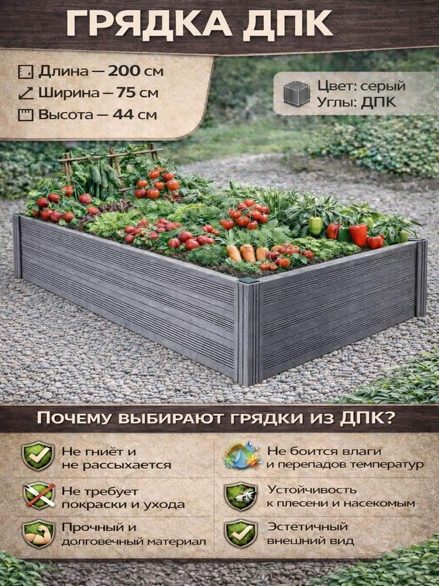 Грядка из ДПК графит (Серая) Патио 3 (Высокая) 44х200х75 см. Углы и борта из ДПК
