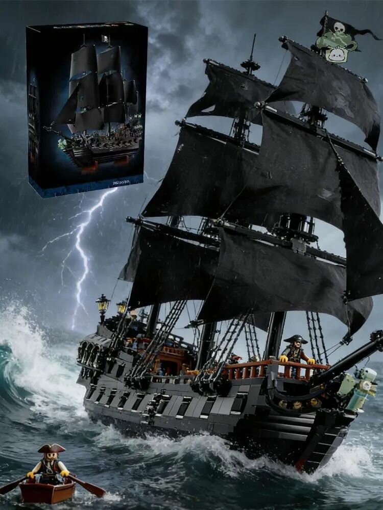 Сборная модель Черная Жемчужина для взрослых 18+. Коллекционный набор с 8 минифигурками, подвижными пушками и штурвалом, 2862 детали. Подарок, хобби, декор.