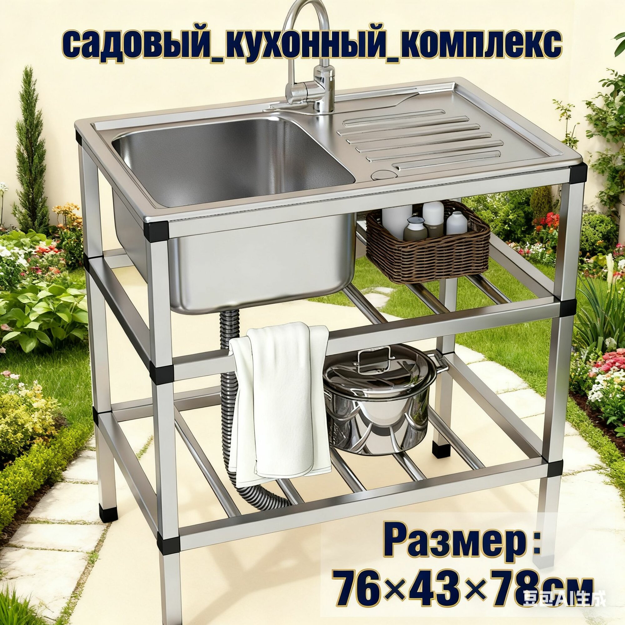 Кухонная раковина из нержавеющей стали 304 на каркасе с двухъярусной полкой и ,43х78х76см