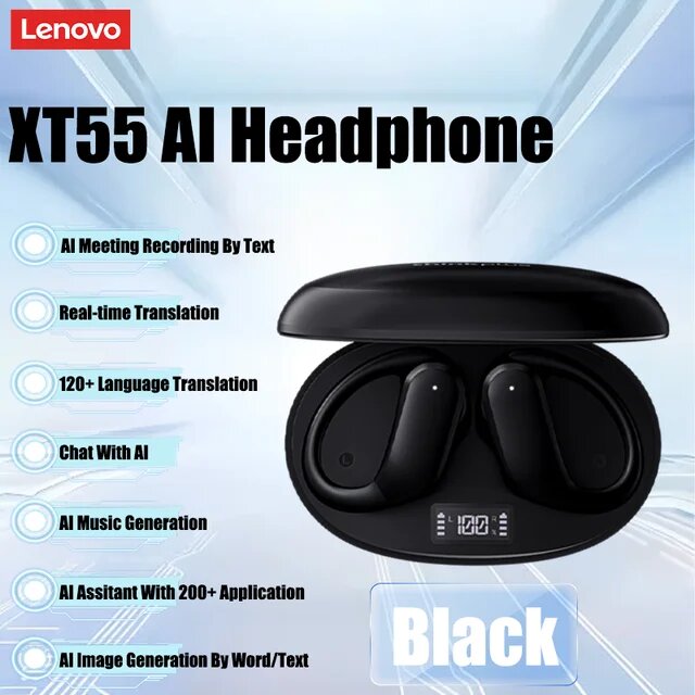 Оригинальные беспроводные наушники Lenovo XT55 AI Bluetooth V5.4, наушники для записи видеоконференций с использованием ИИ, функция перевода между экранами, чат с ИИ.