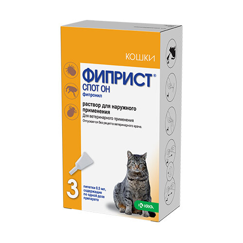 Krka Фиприст спот он Капли на холку для кошек от Иксодовых клещей, блох, вшей и власоедов 3 пипетки