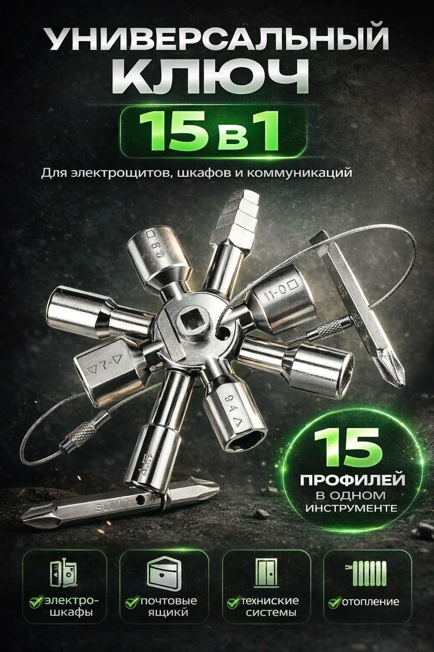 Ключ для электрошкафов, многофункциональный 15 в 1 рабочими профилями и битой