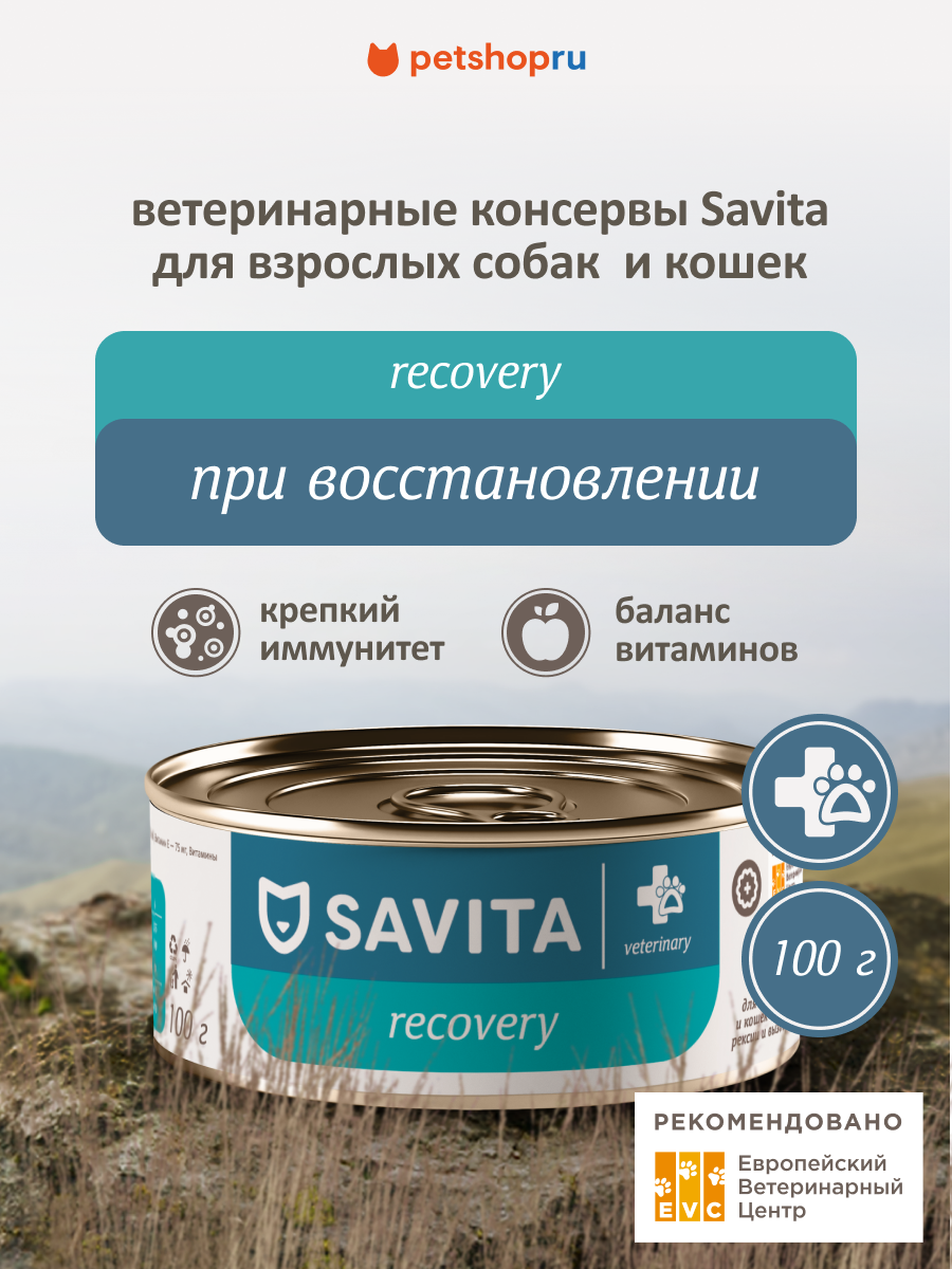 Savita vet Recovery ветеринарный диетический влажный корм для взрослых кошек и собак в период анорексии, выздоровления и послеоперационного восстановления, консервы, 100 г