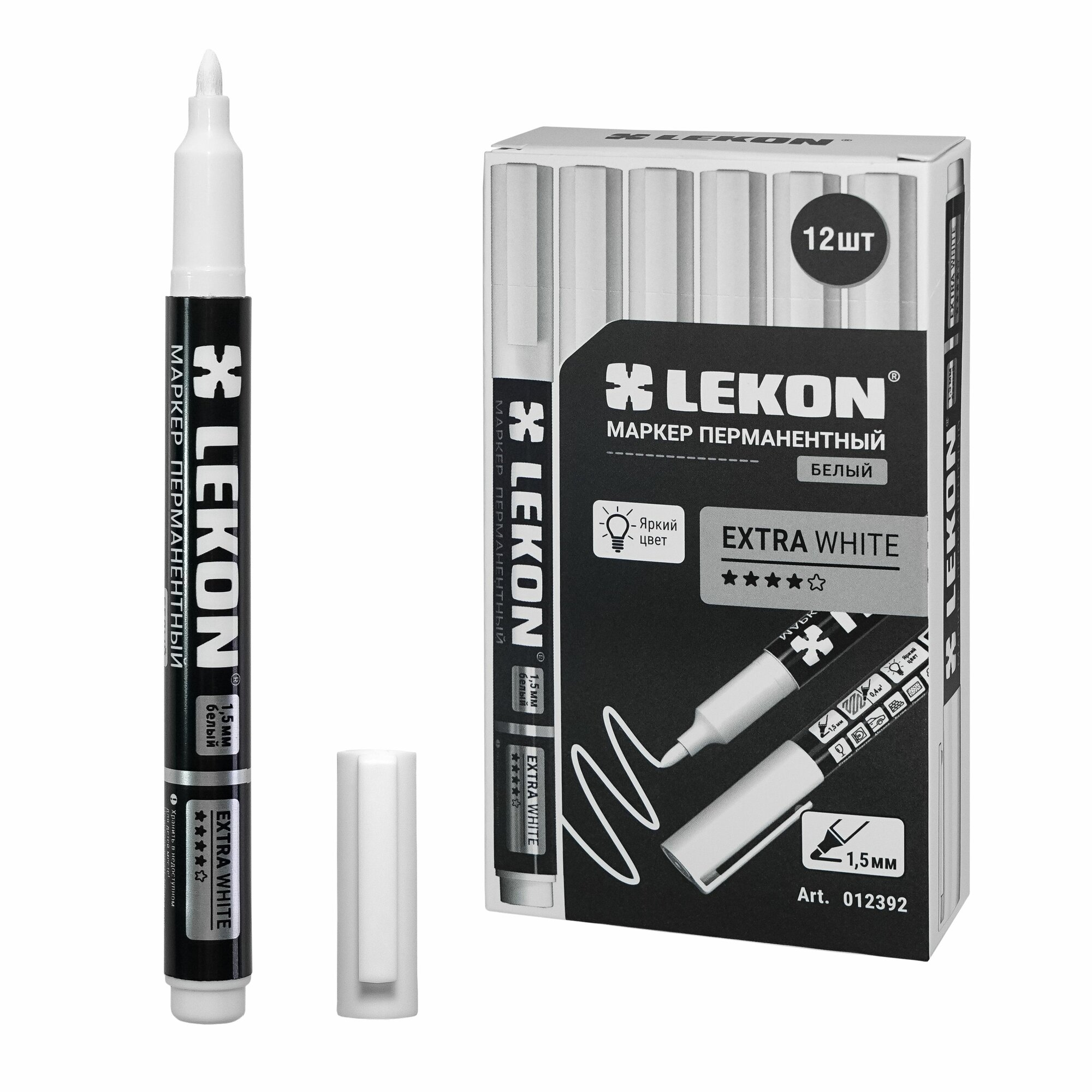 Маркер LEKON EХTRA WHITE линия 1.5мм перманентный Белый 12шт.