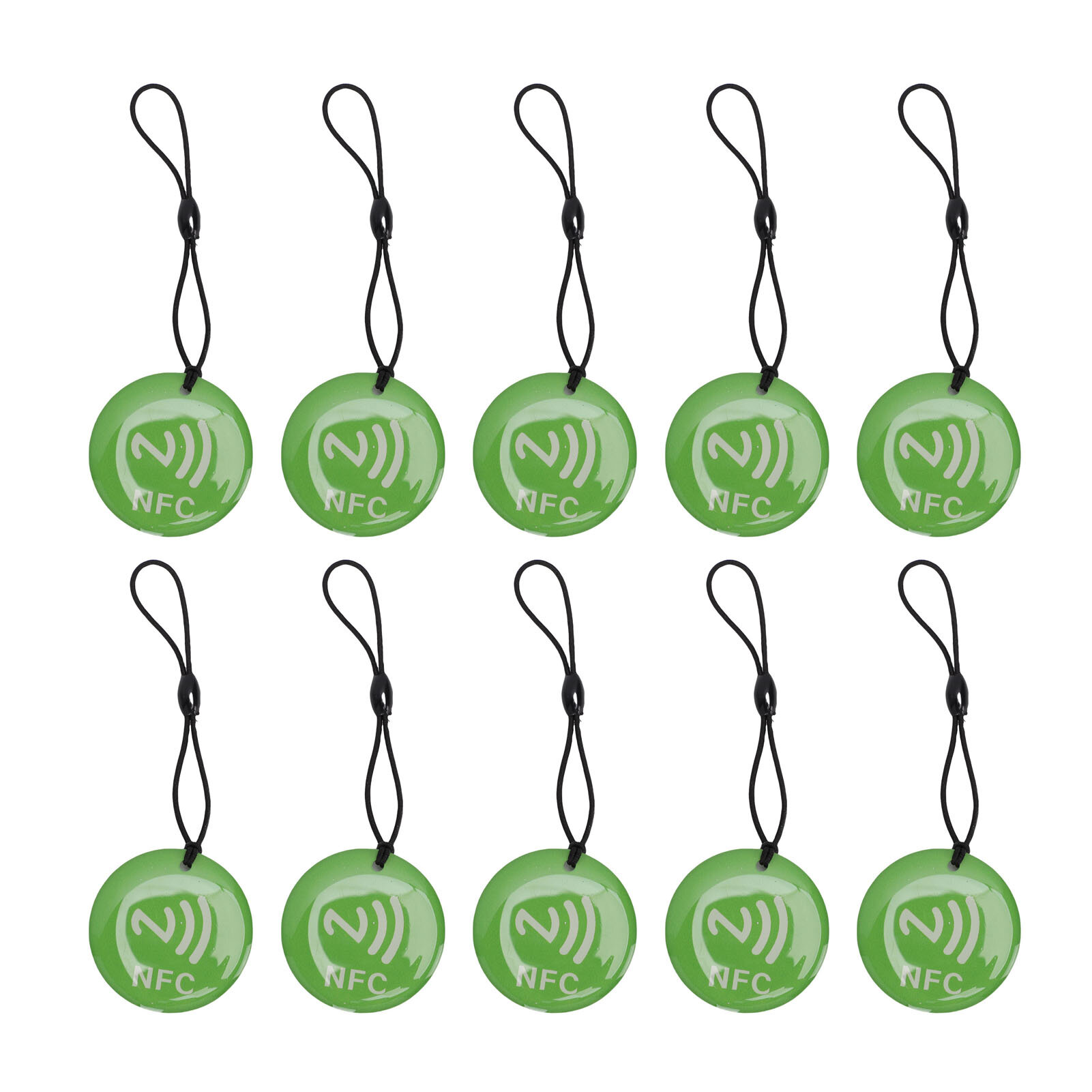 10 брелоков NFC зеленого цвета с чипом NTAG213, длина 35 см, портативные программируемые брелоки-метки.
