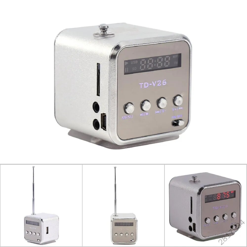 Магнитола TD-V26 серебристый MP3 USB SD card, портативная колонка, маленький размер, для дома и путешествий