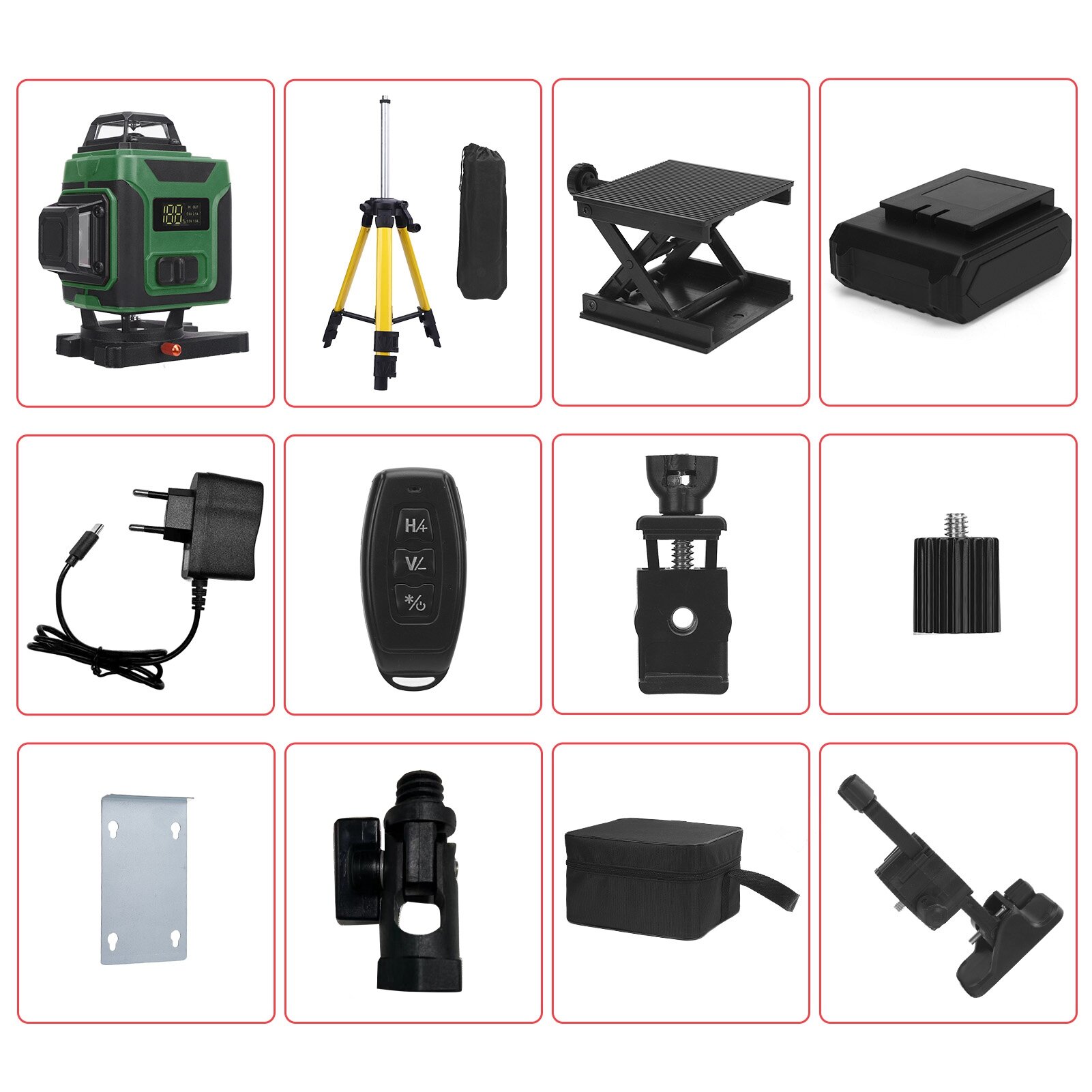 Лазерный уровень 4D 16 линий, зеленый, 3°, аккумулятор, с штативом, зеленый, EU вилка