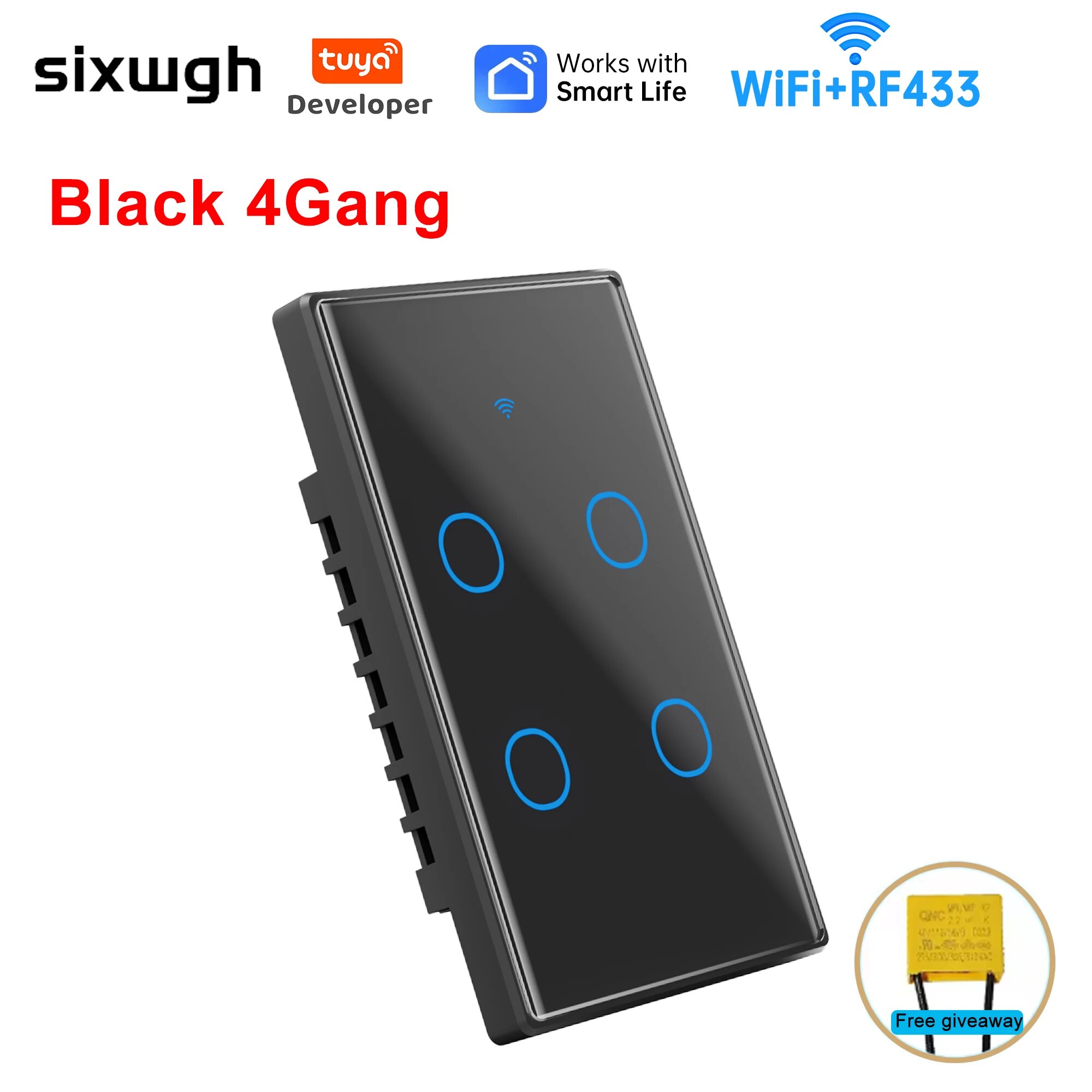 Умный выключатель Black 4Gang WIFI+RF433