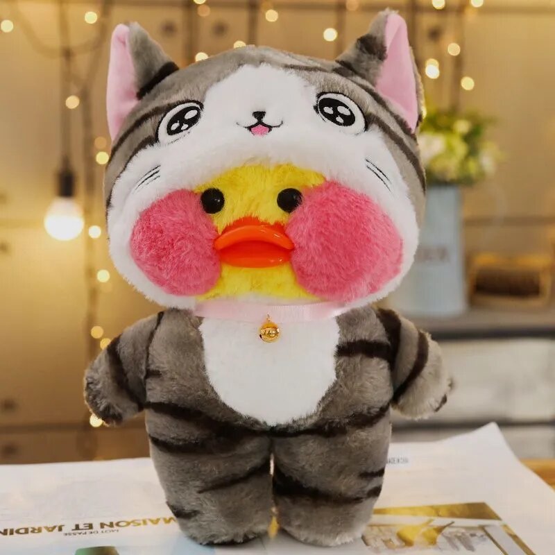 Мягкая игрушка желтая утка / Уточка лалафанфан в одежде Кошка, 30 см
