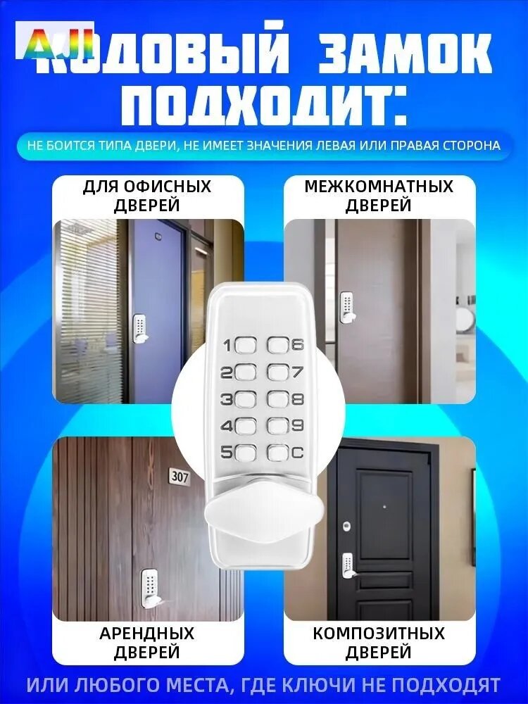 Умный кодовый замок ADENT для металлических дверей, врезной или накладной, белый, цинковый сплав, без питания — фото 1