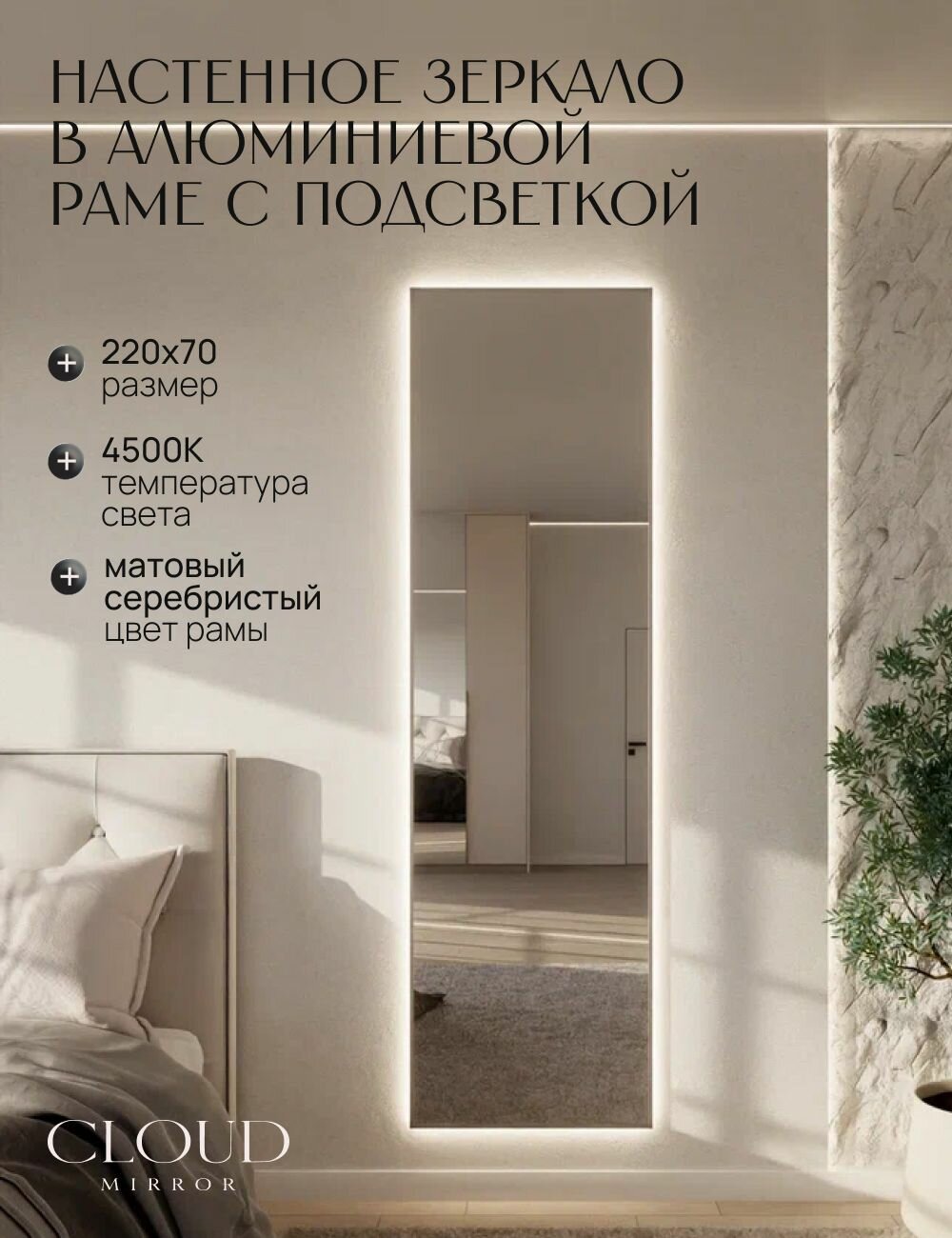 Зеркало 220х70 см серебро с подсветкой Свет: Нейтральный белый 4500К. В алюминиевой раме интерьерное настенное CLOUD MIRROR