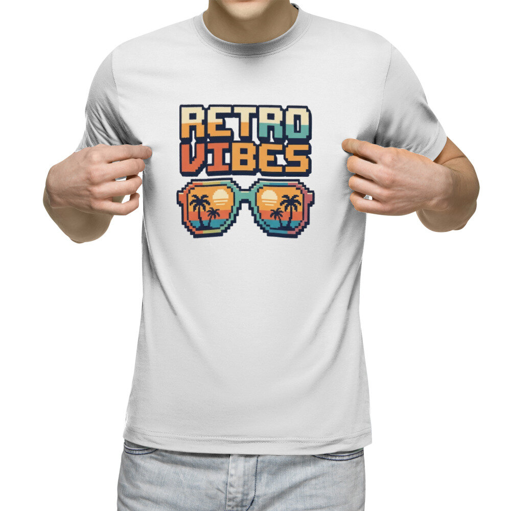 Мужская футболка «Retro vibe, ретро очки с пальмами на закате» (белый, 3XL)