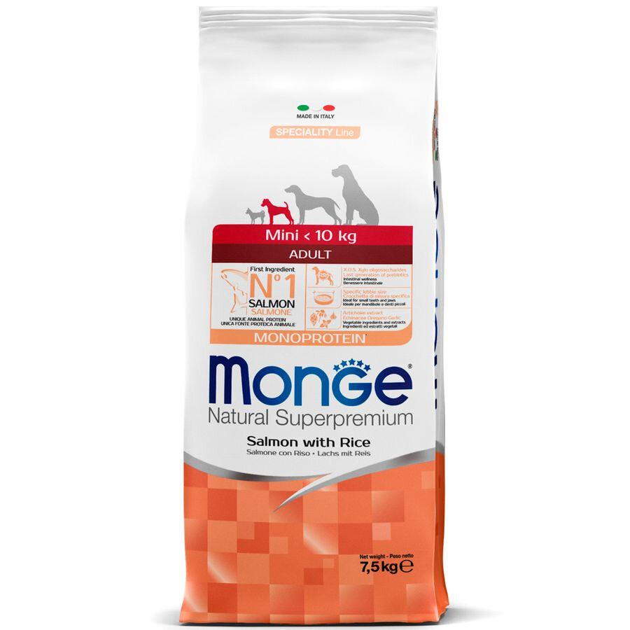 Сухой полнорационный корм для собак мелких пород Monge Dog Speciality Line Monoprotein Mini с лососем и рисом, 7,5кг