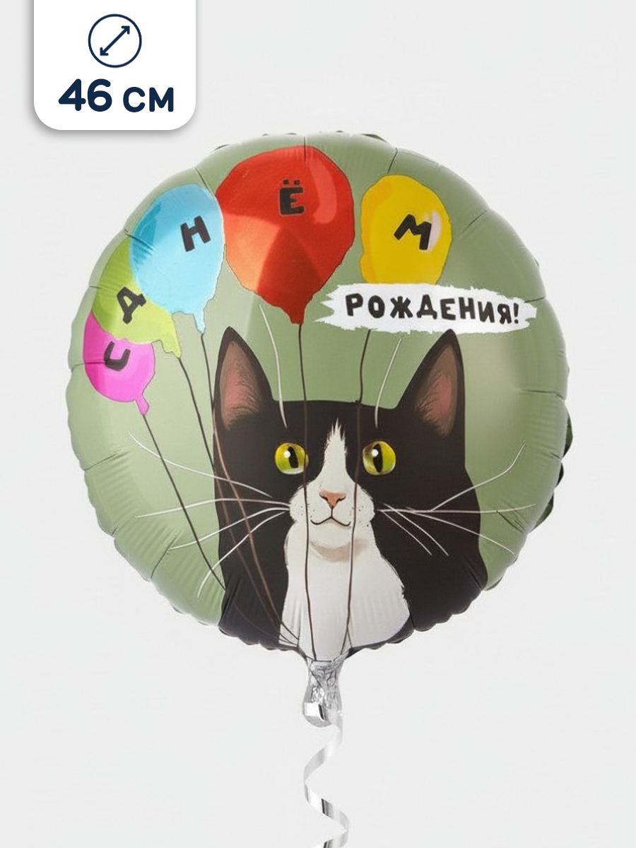 Воздушный шар Riota С днем рождения, Кот, фольгированный, 46 см
